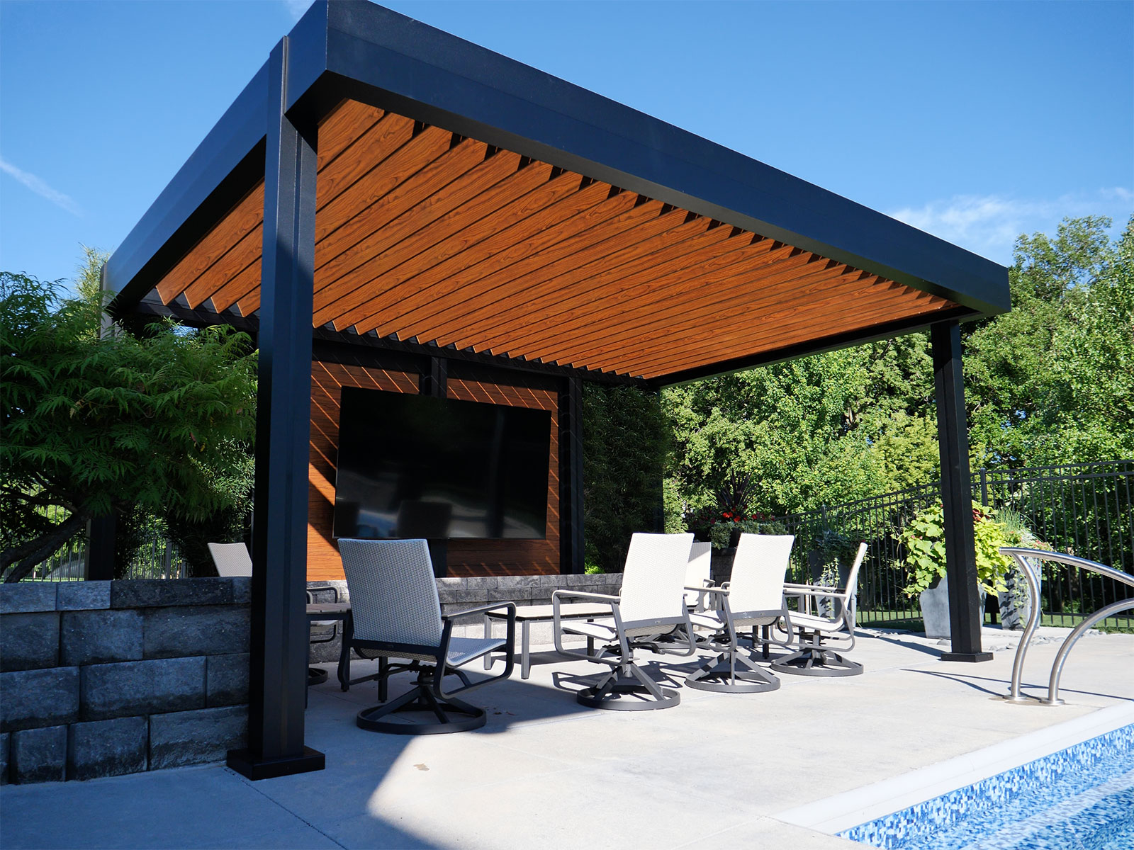 Elkhorn Louvered Pergola Project - Fireplace Stone & Patio